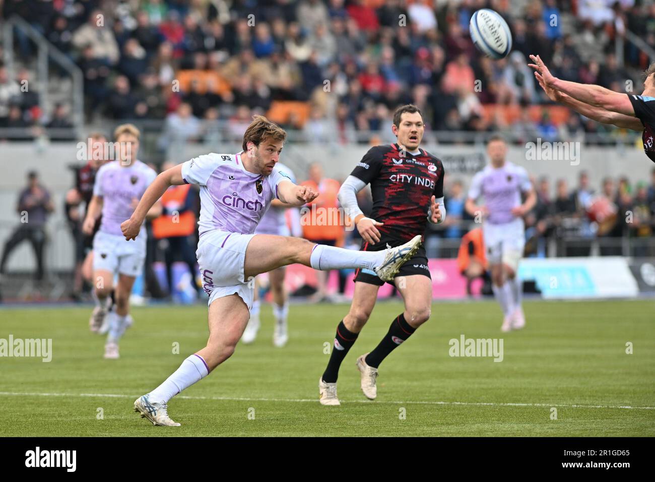 London, UK. 13th May, 2023. James Ramm of Northampton Saints kicks the ...