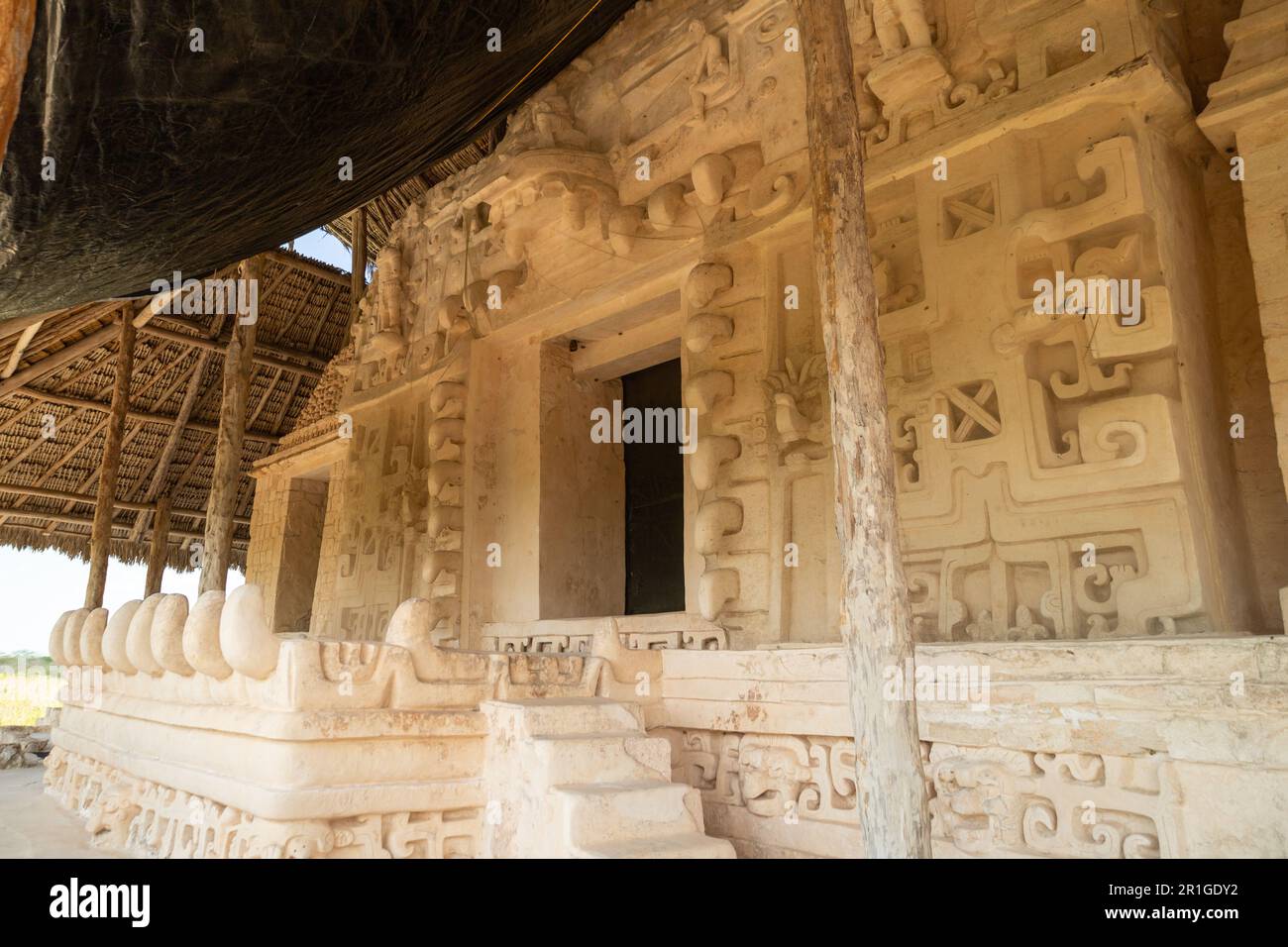 Tomb entrance sculpture at the ruins of Ek Balam near Valladolid ...