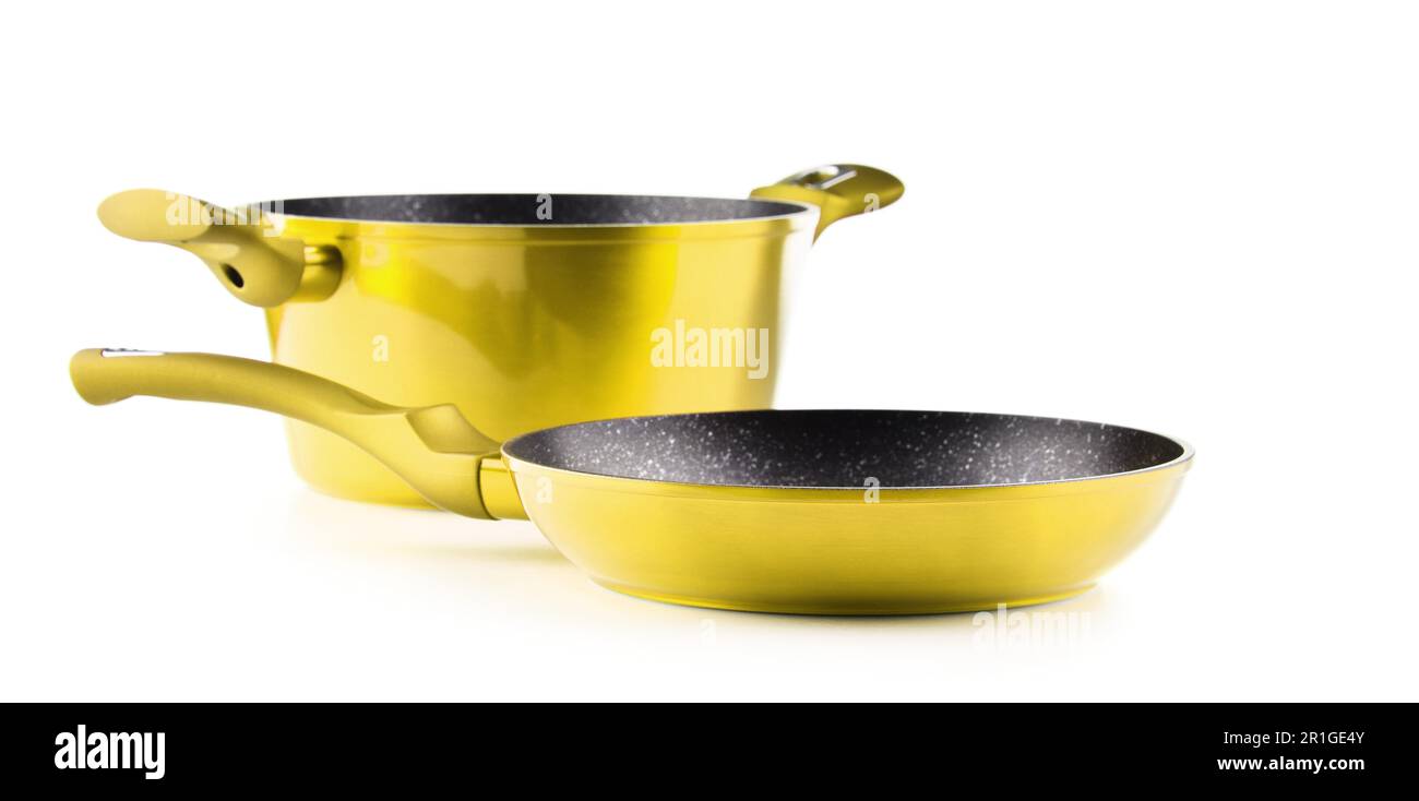 Frying pan and steel pot isolated on white background Stock Photo - Alamy