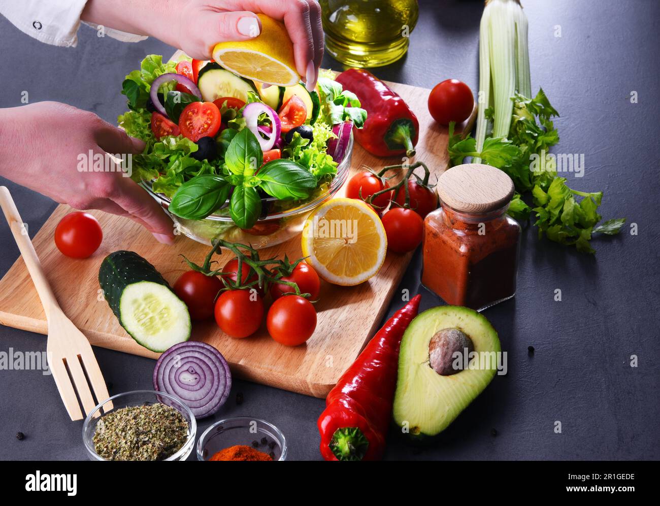 Preparation of a vegetable salad from fresh organic ingredients Stock ...