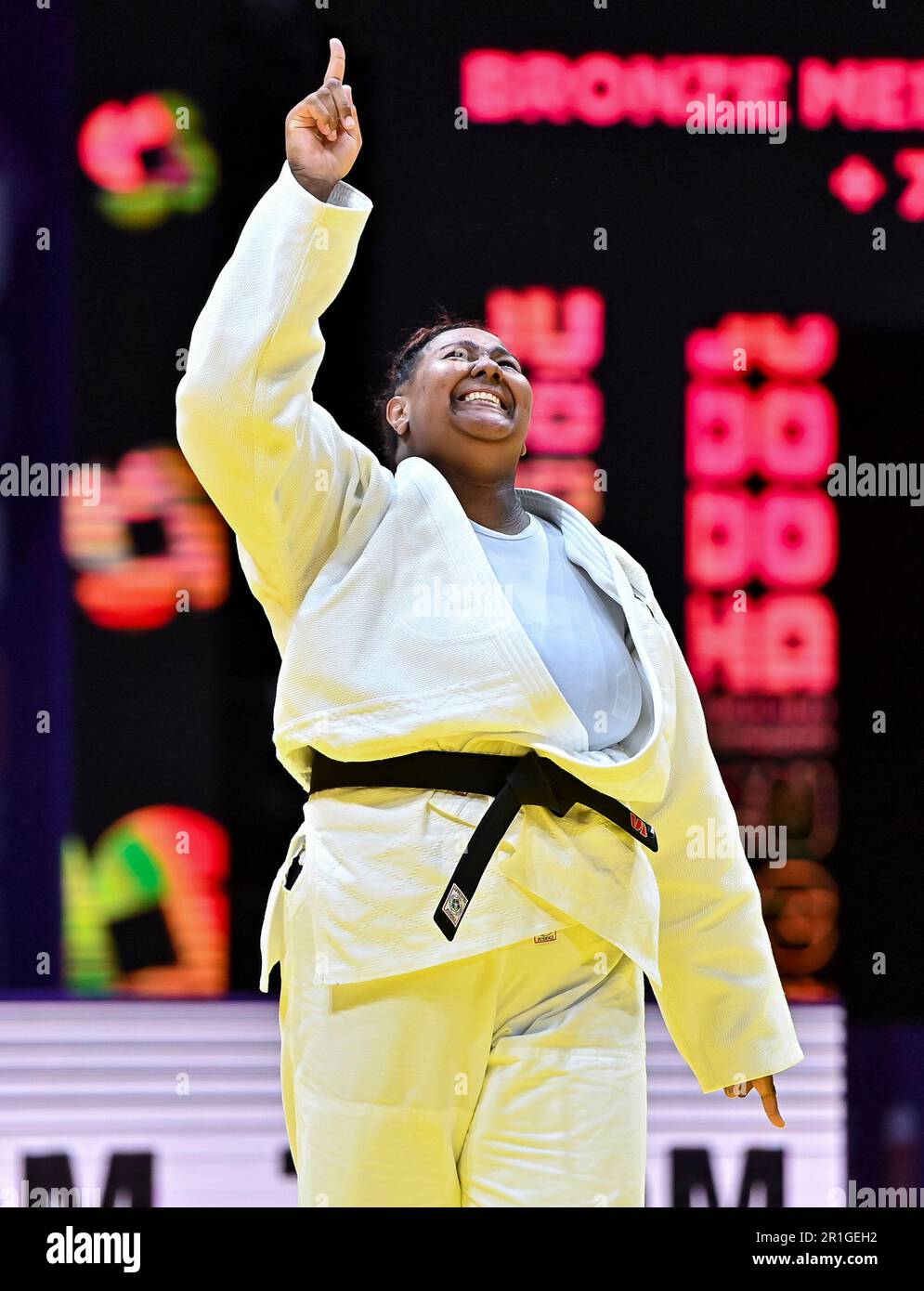 Doha. 13th May, 2023. Beatriz Souza of Brazil celebrates winning the ...