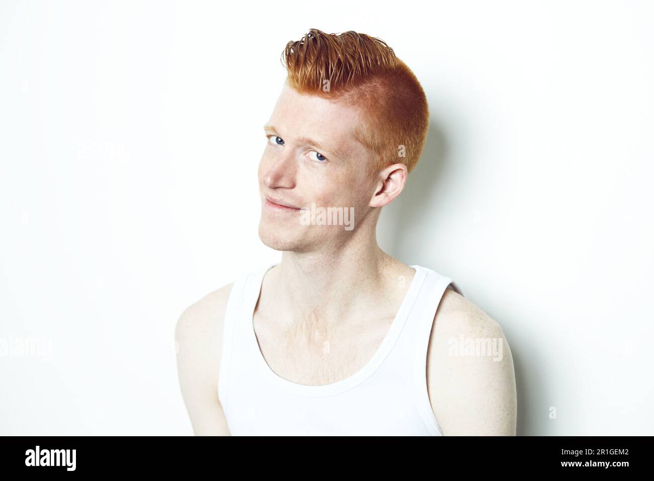 Happy, ginger and portrait of man in studio for casual, red hair and ...