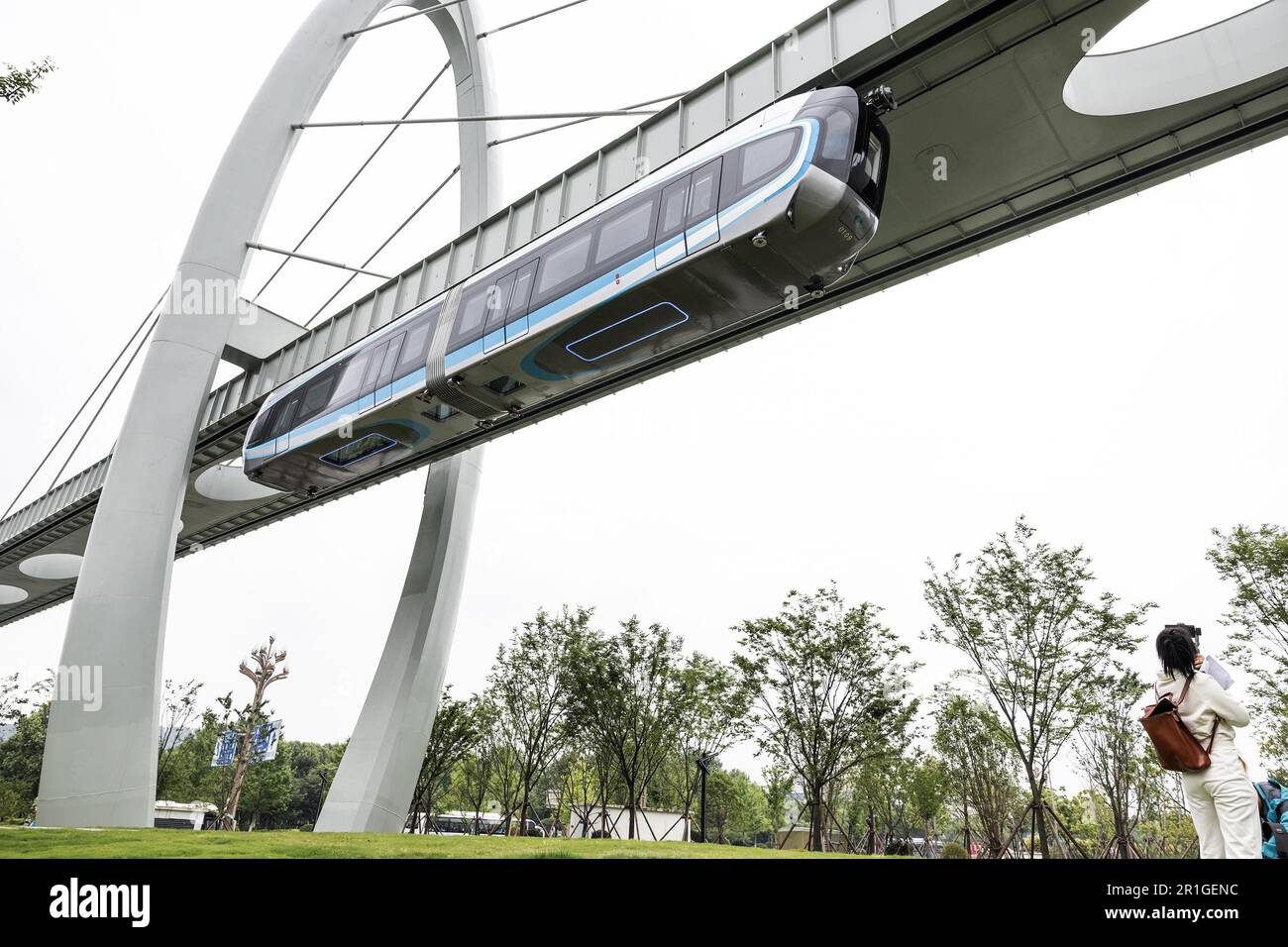 The Optics Valley (Guanggu) sky train is on a test run in Wuhan City ...