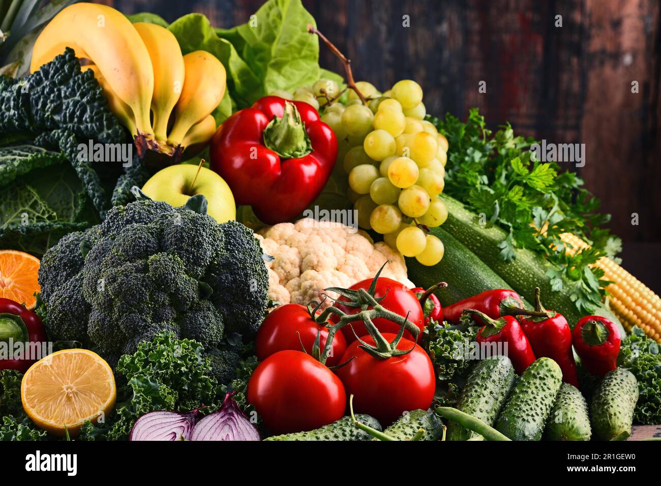 Composition with variety of raw organic vegetables and fruits. Balanced ...