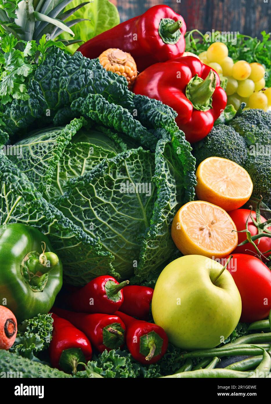 Composition with variety of raw organic vegetables and fruits. Balanced ...
