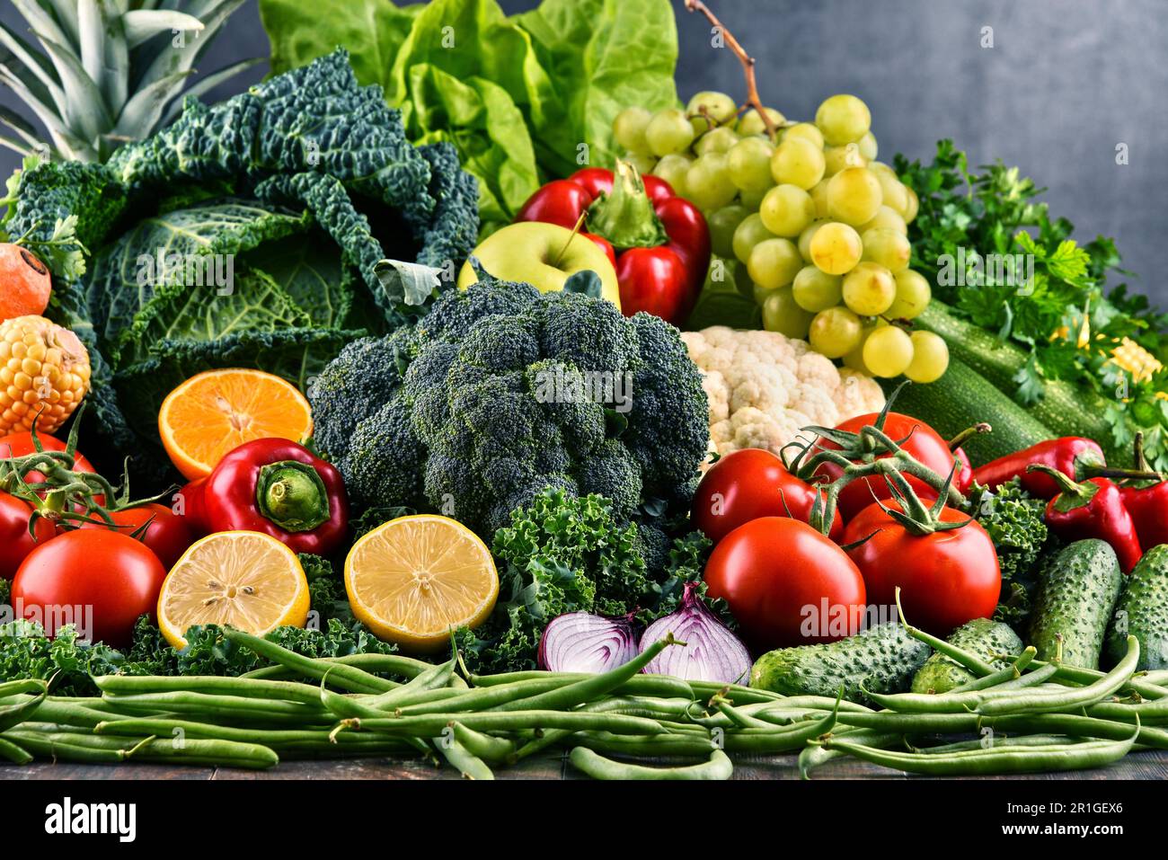 Composition with variety of raw organic vegetables and fruits. Balanced ...