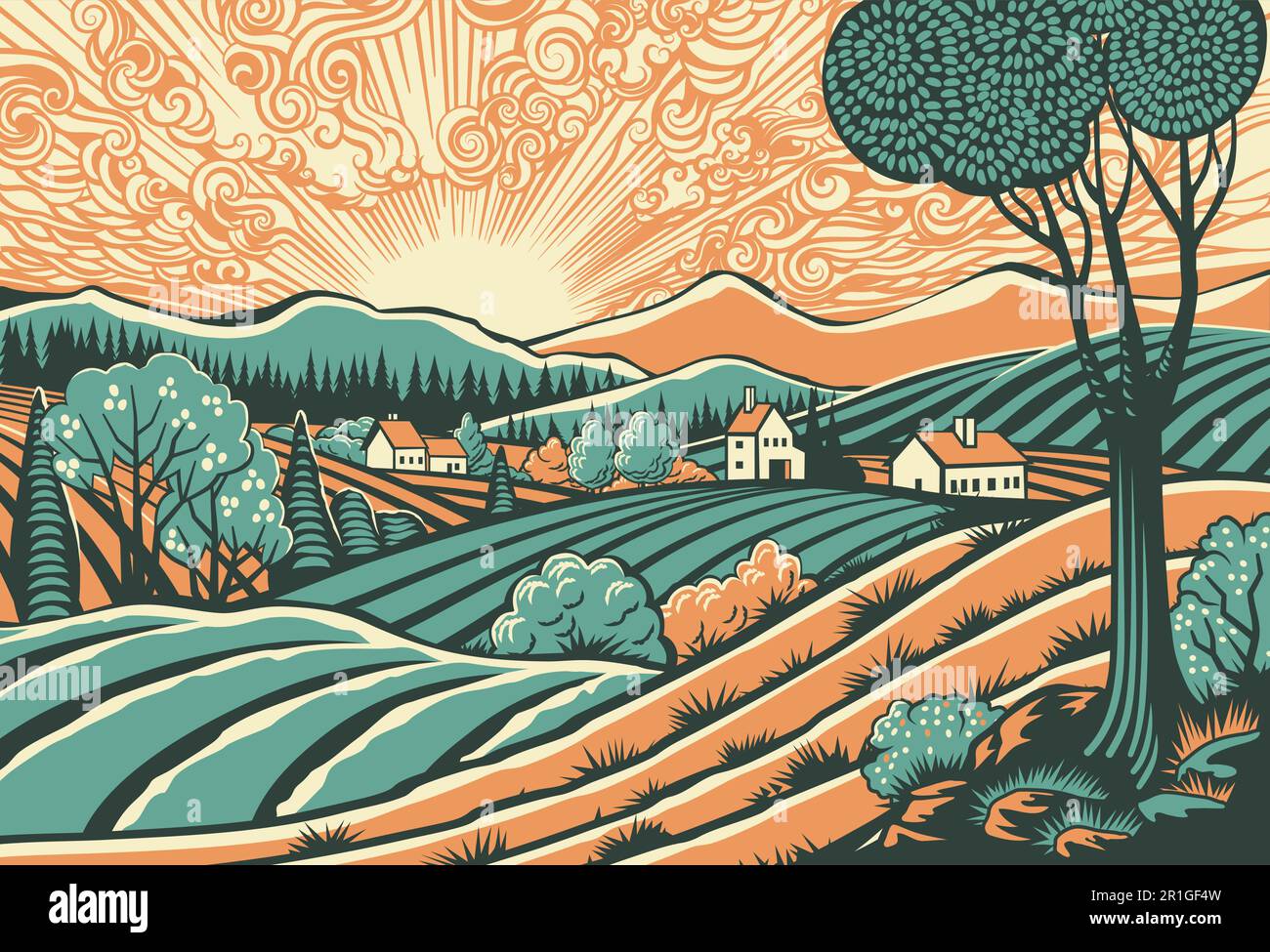 Fields Rolling Hills Sunrise Farm Land Background Stock Vector Image ...