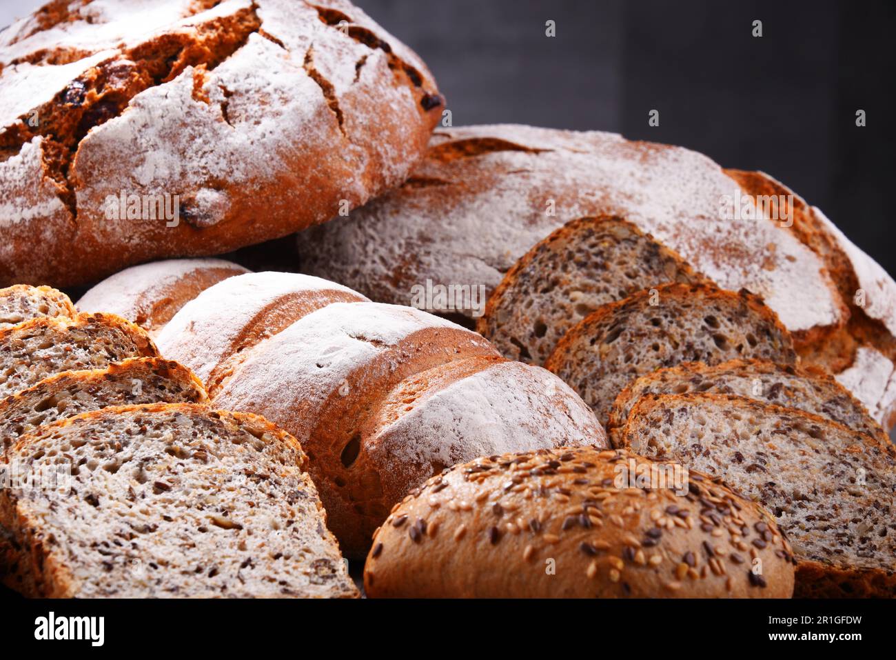 Composition with assorted bakery products including loafs of bread and ...