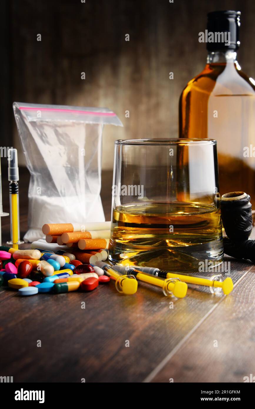 Addictive substances, including alcohol, cigarettes and drugs Stock ...