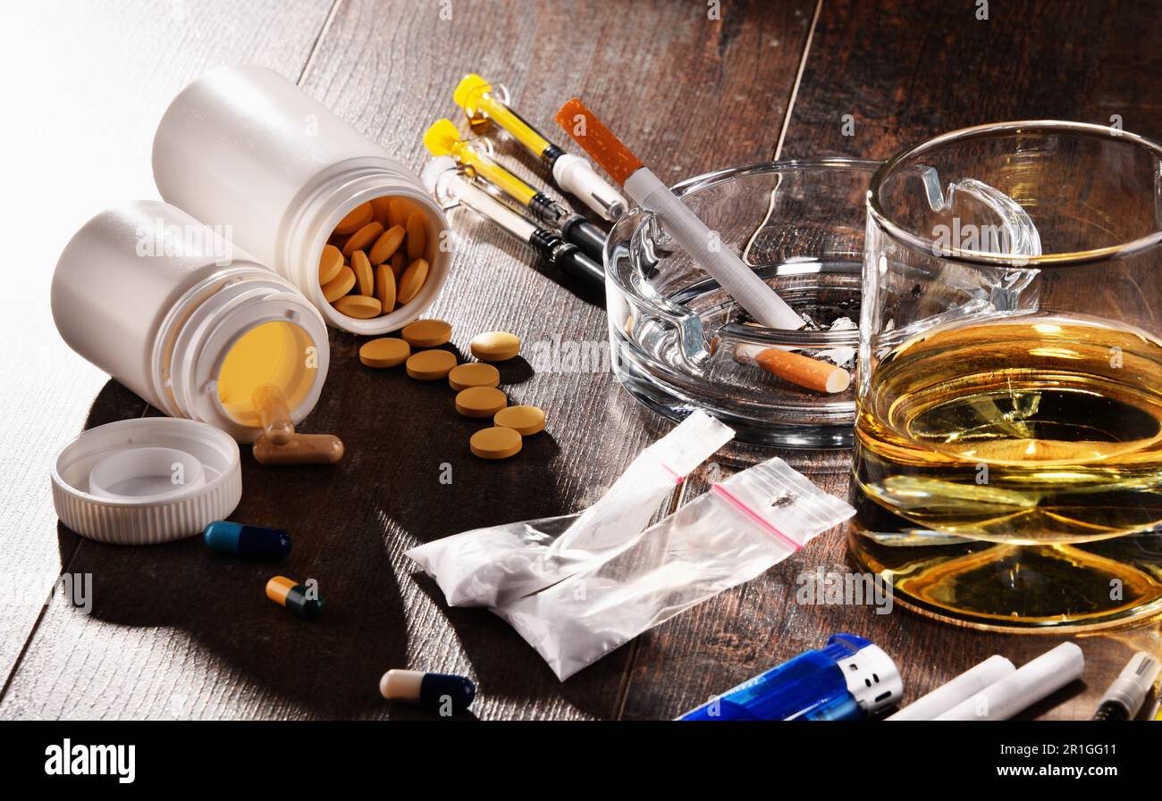 Addictive substances, including alcohol, cigarettes and drugs Stock ...