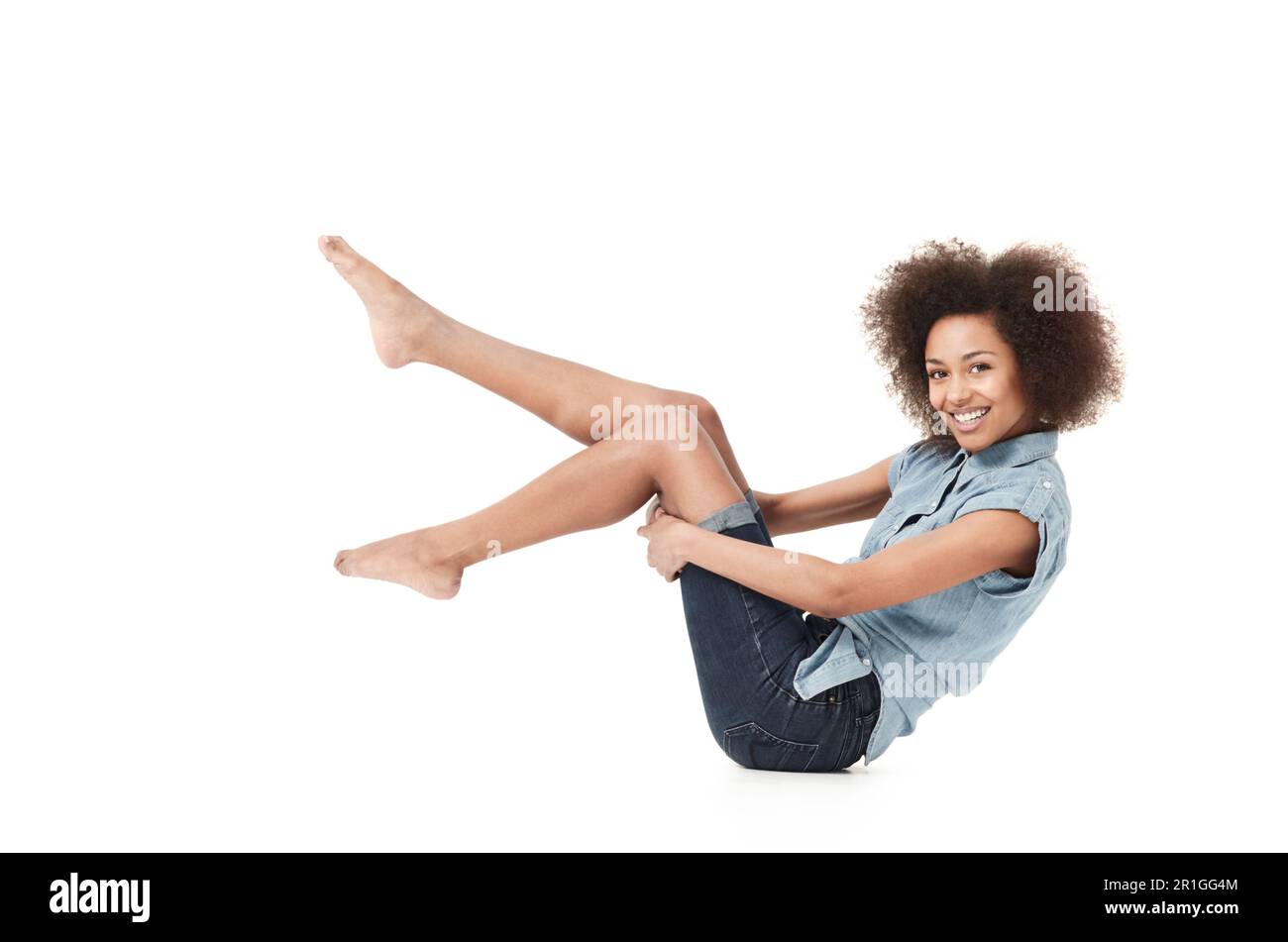 African woman style, sit and portrait on a studio floor with casual ...
