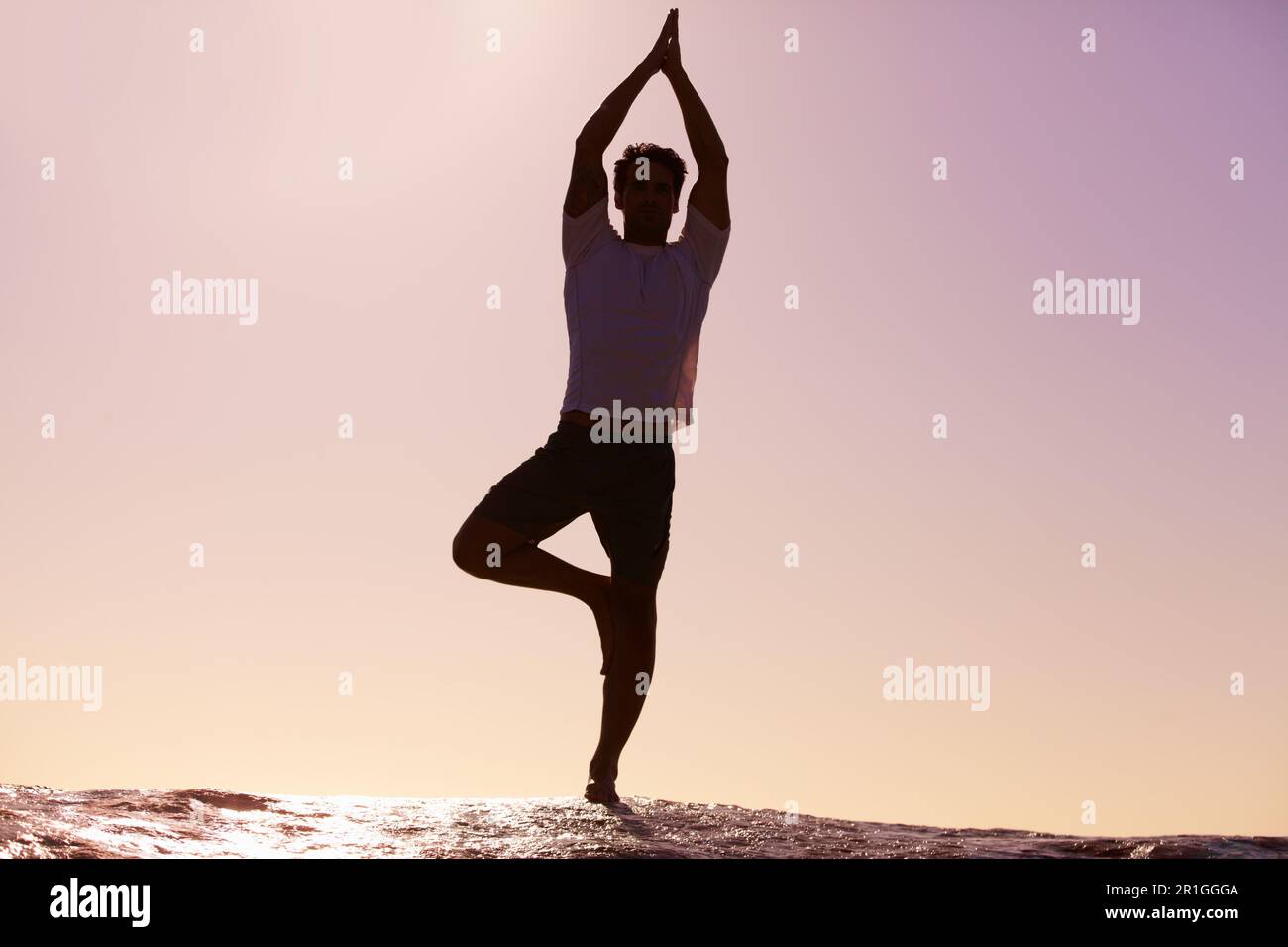 Man, silhouette and yoga in sunset meditation on beach for spiritual ...