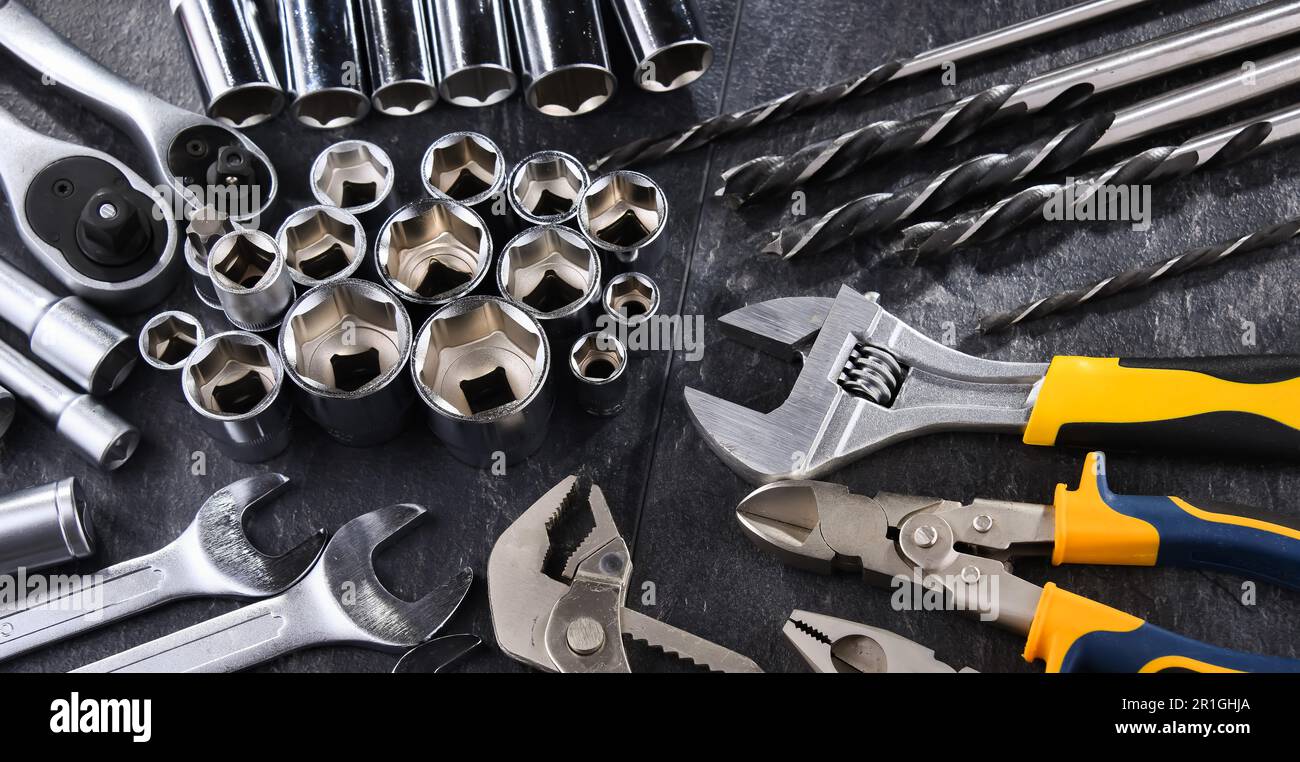 Composition with a variety of metal tools Stock Photo - Alamy