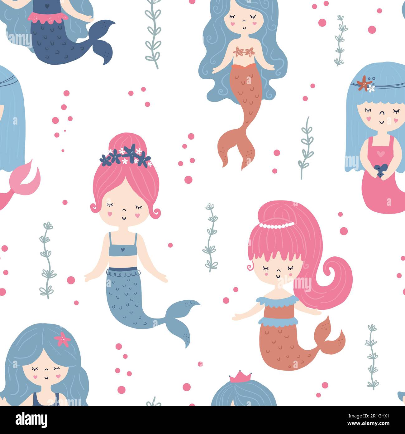 Mermaid seamless pattern. Vector illustrations of cute fantastic girls ...