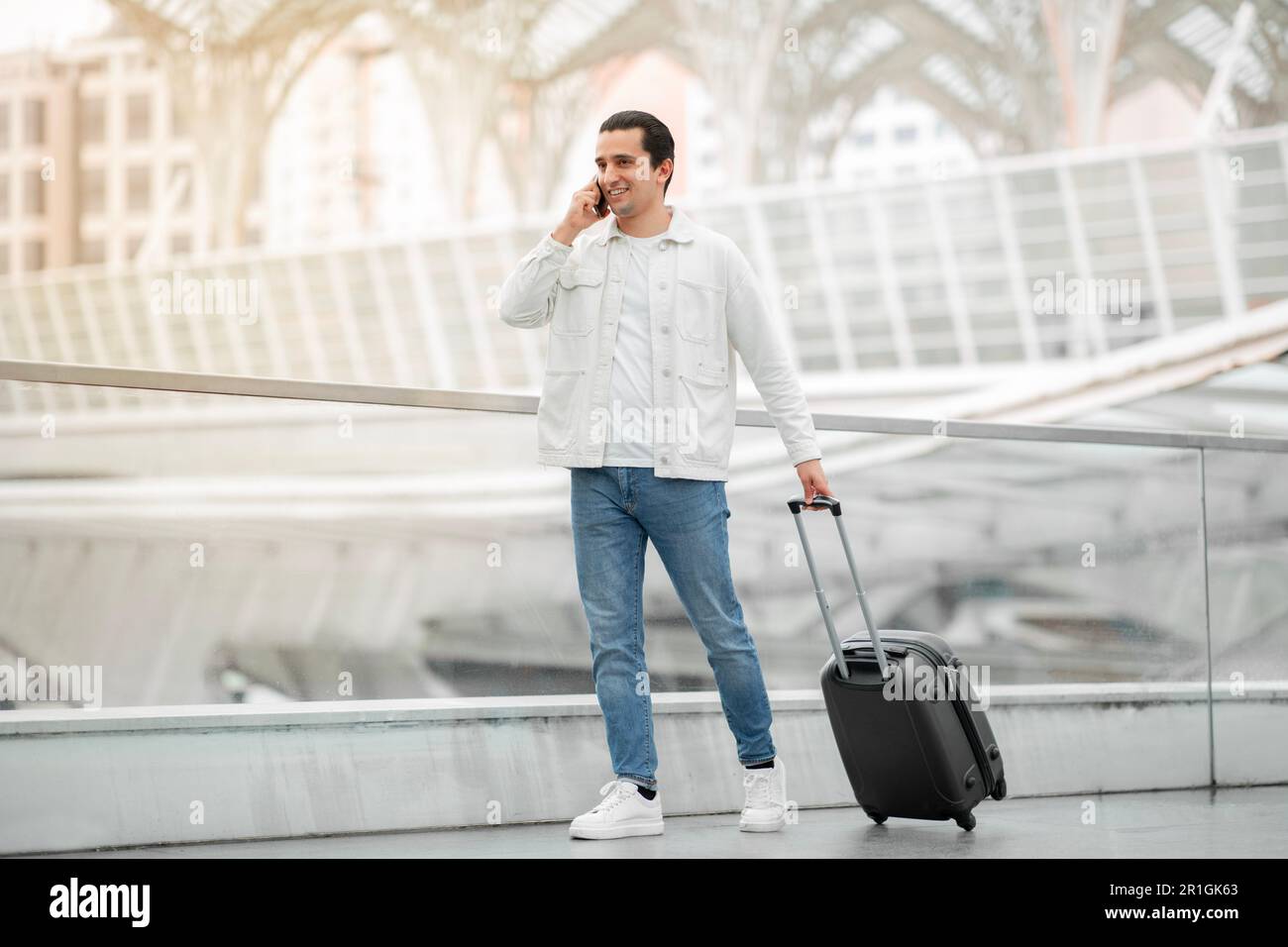 Traveler Man Making Phone Calls Departing On Flight At Airport Stock ...