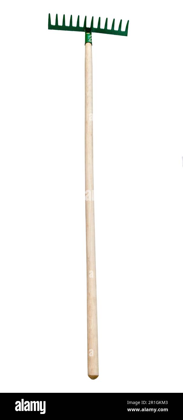 view of steel rake with teeth pointing up with wooden handle isolated ...