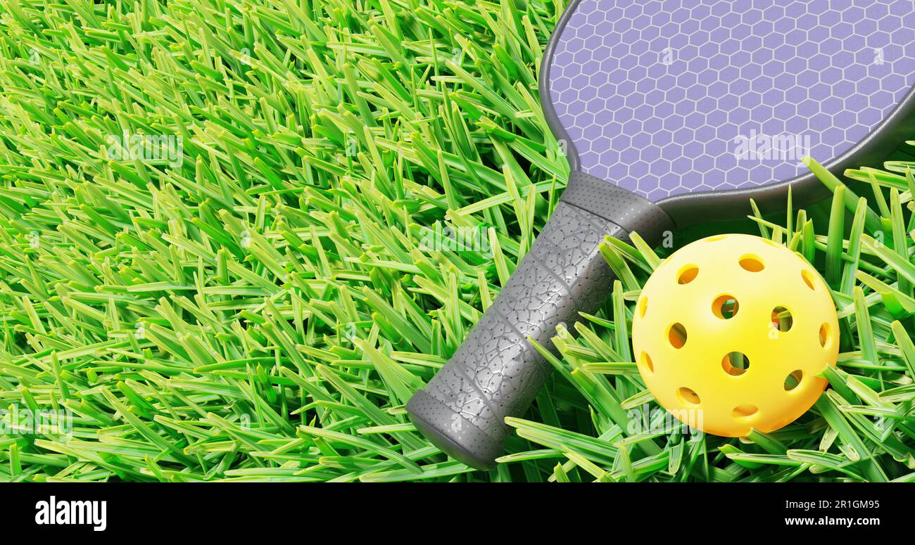 Pickleball. Part of racket and ball on lawn.Close up space 3d rendering ...