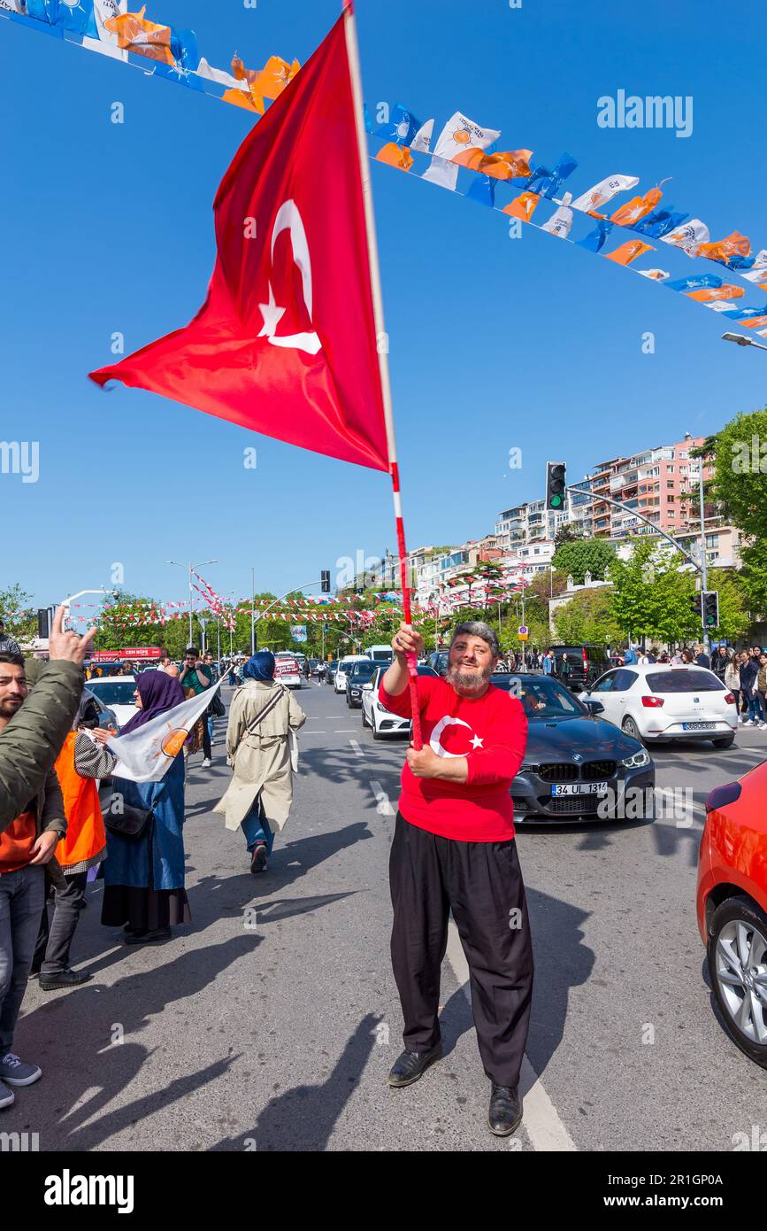 Istanbul, Turkey - May 13 2023: Supporter of AK Party waving a big ...