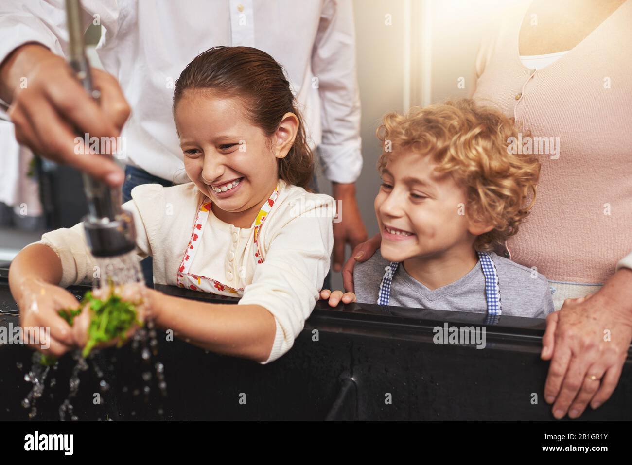 Food, washing or happy kids learning cooking skills for a healthy ...