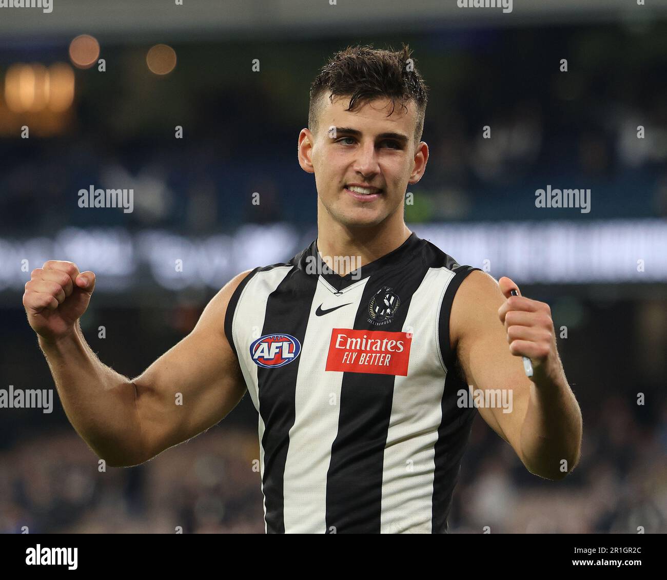 Nick Daicos of the Magpies celebrates the win during the AFL Round 9 ...