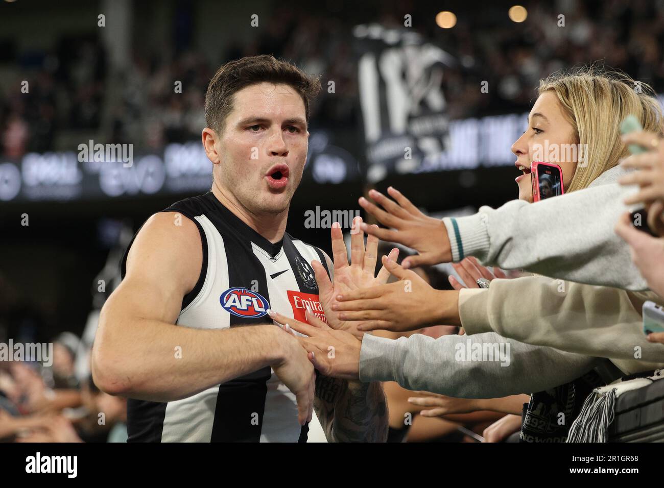Jack Crisp of the Magpies celebrates the win during the AFL Round 9 ...