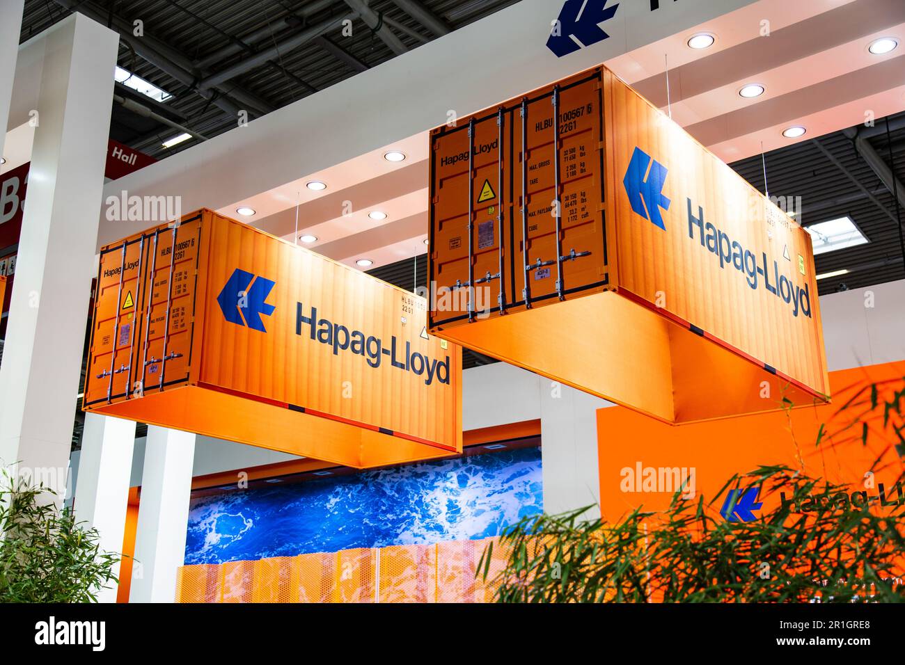 Munich, Germany. 12th May, 2023. Hapag-Lloyd booth with hanging ...