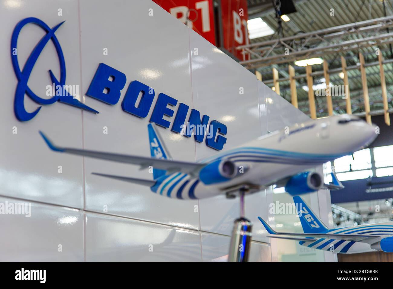 Munich, Germany. 12th May, 2023. Boeing booth with model airplanes on ...