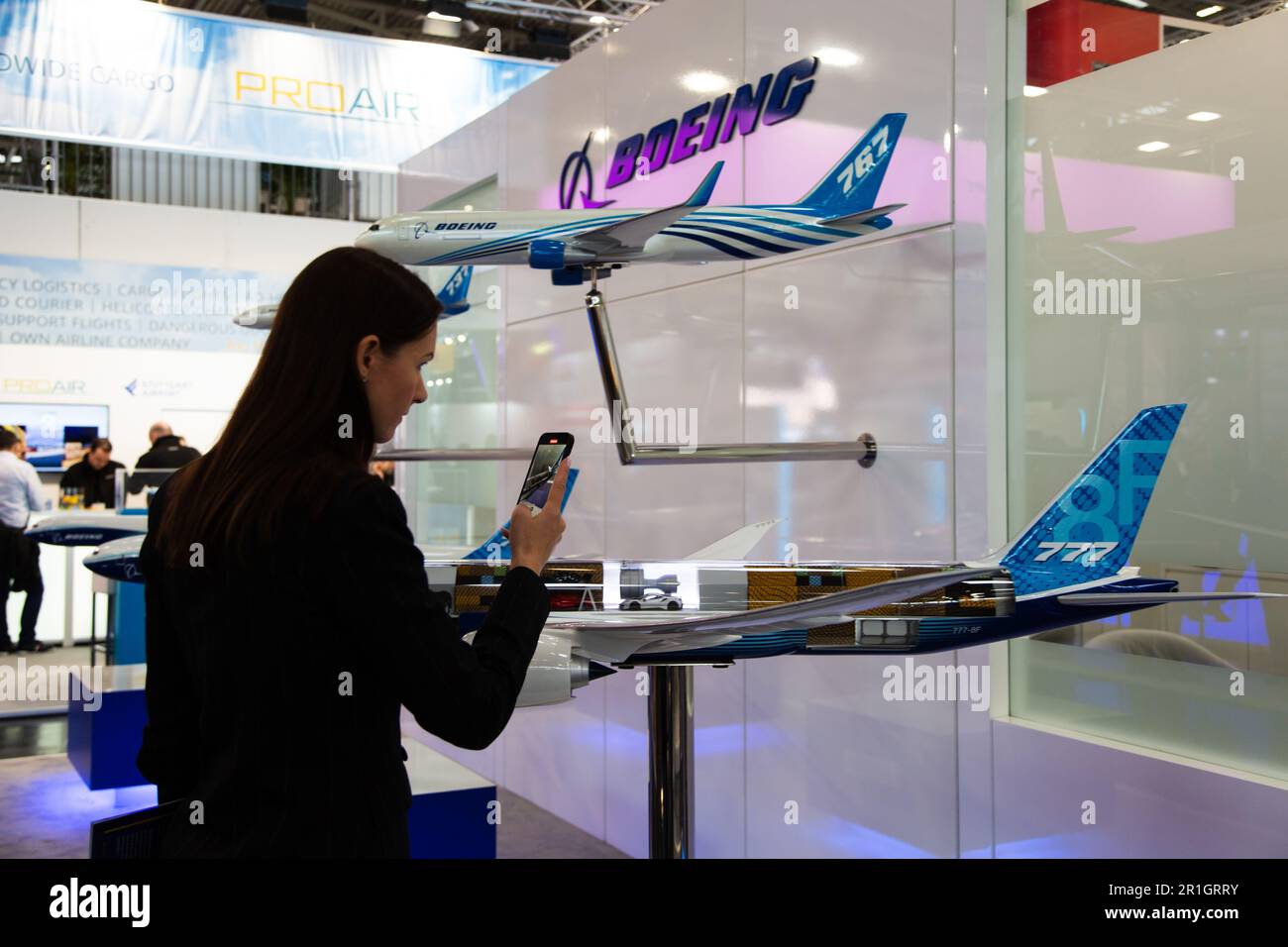 Munich, Germany. 12th May, 2023. Boeing booth with model airplanes on ...