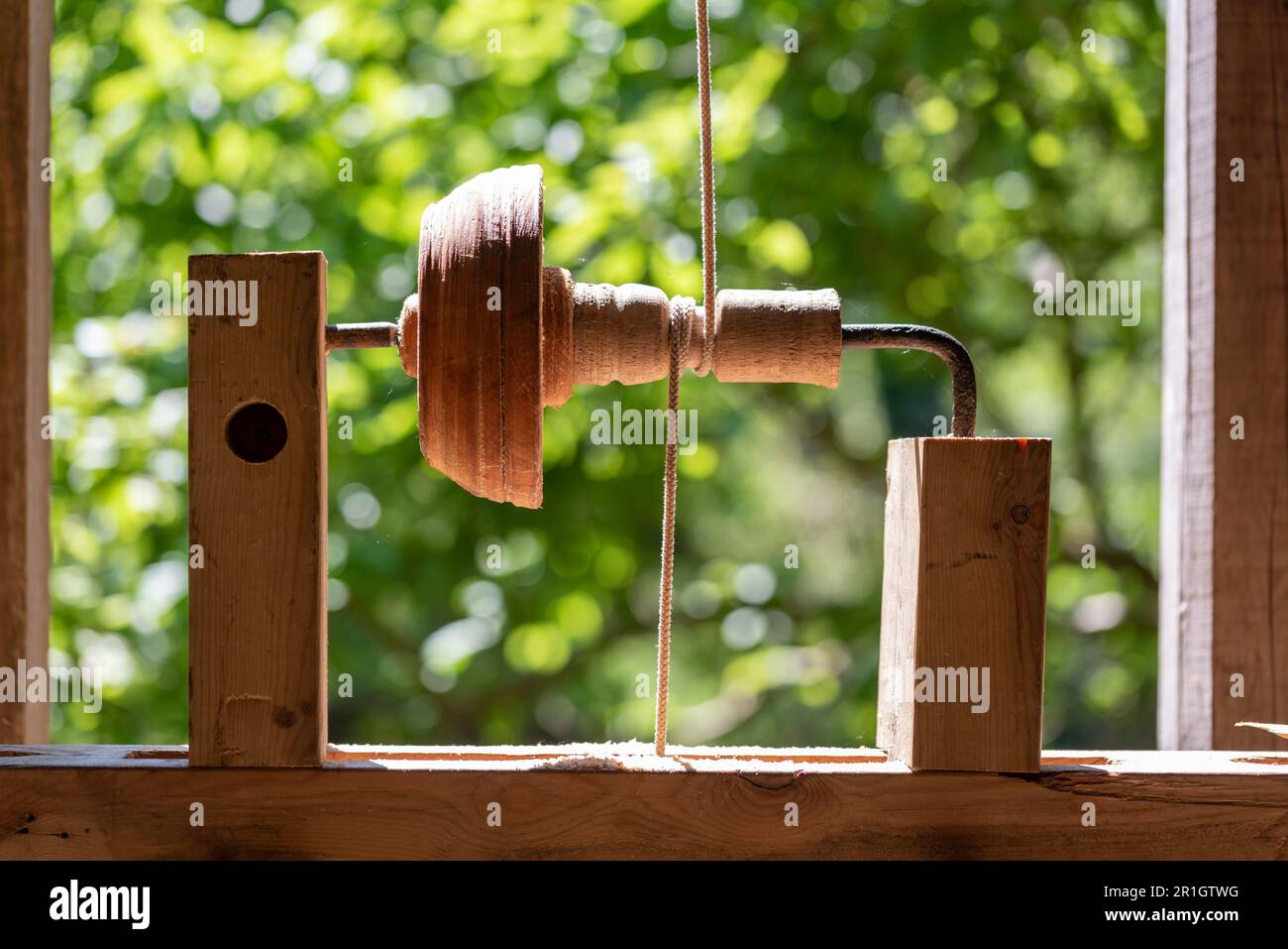 Close up of an old style foot powered wood turning machine, based ...