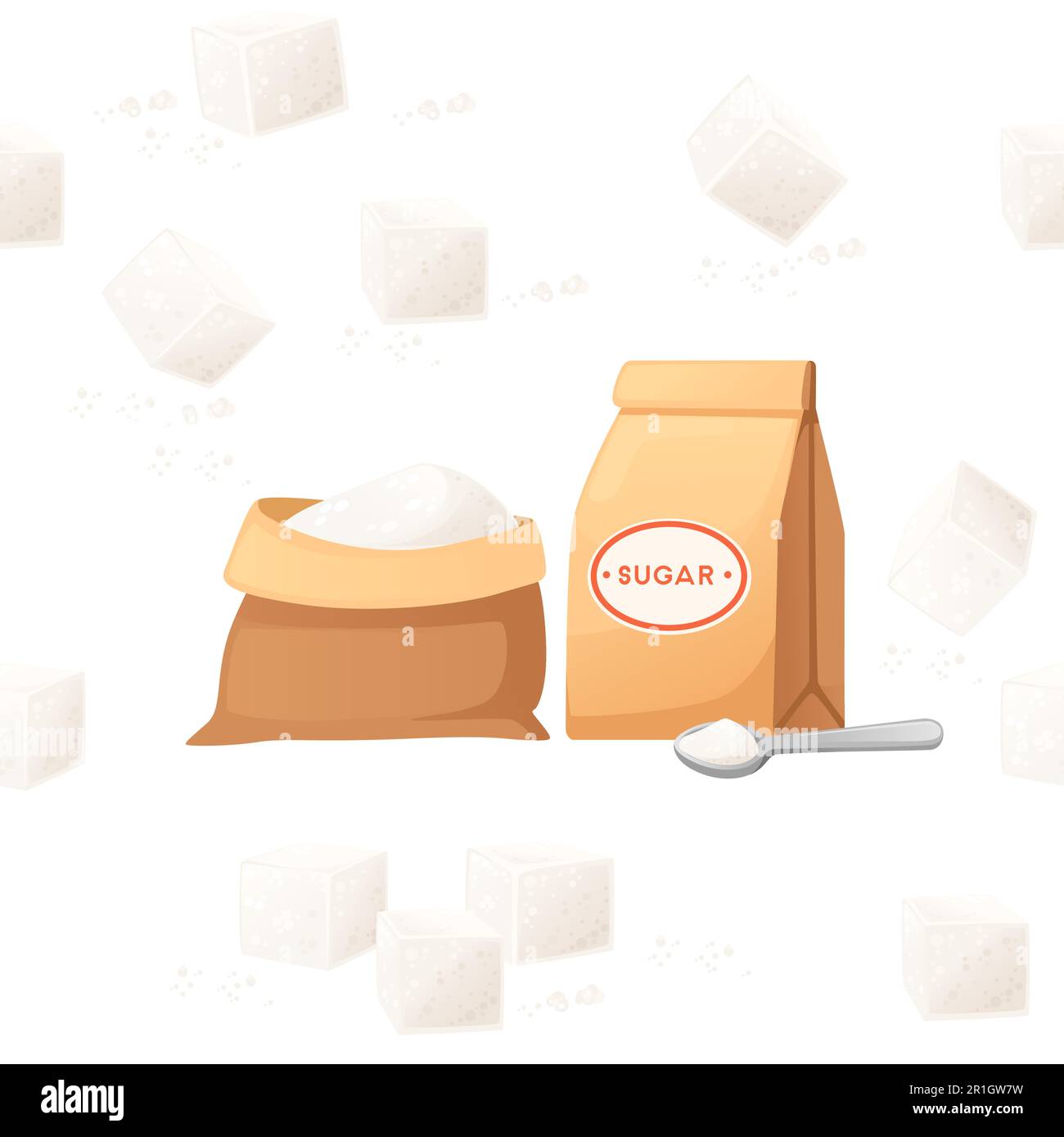 Seamless pattern white cube and granulated sugar in paper bag with ...