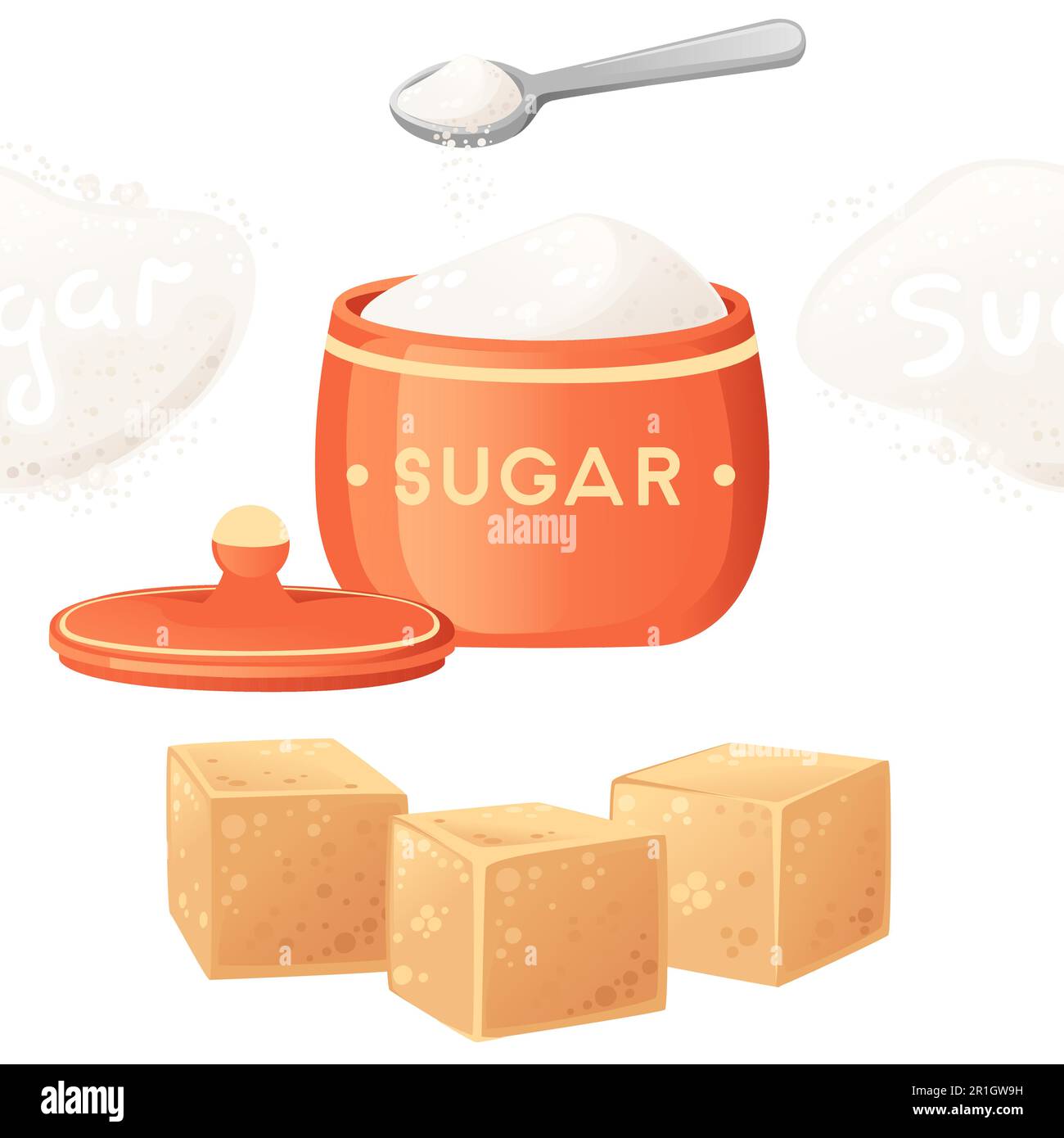 Seamless pattern brown cube and granulated sugar in red sugar bowl with ...