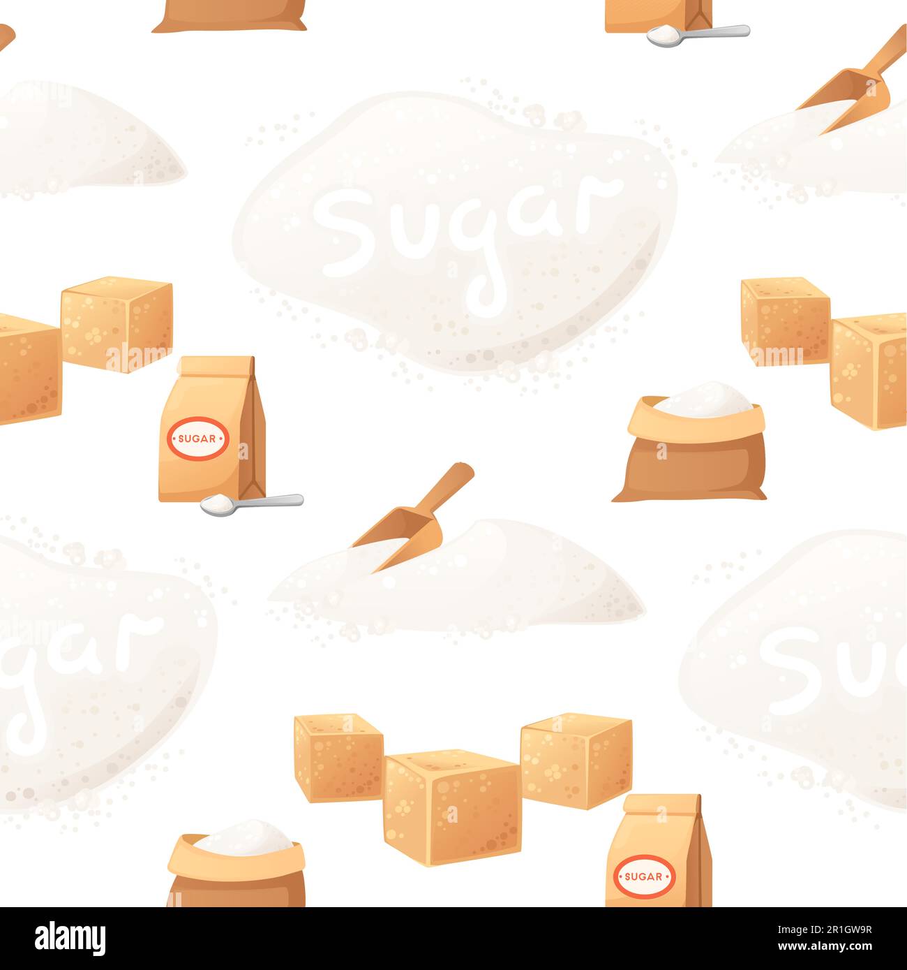 Seamless pattern brown cube and granulated sugar in paper bag with ...