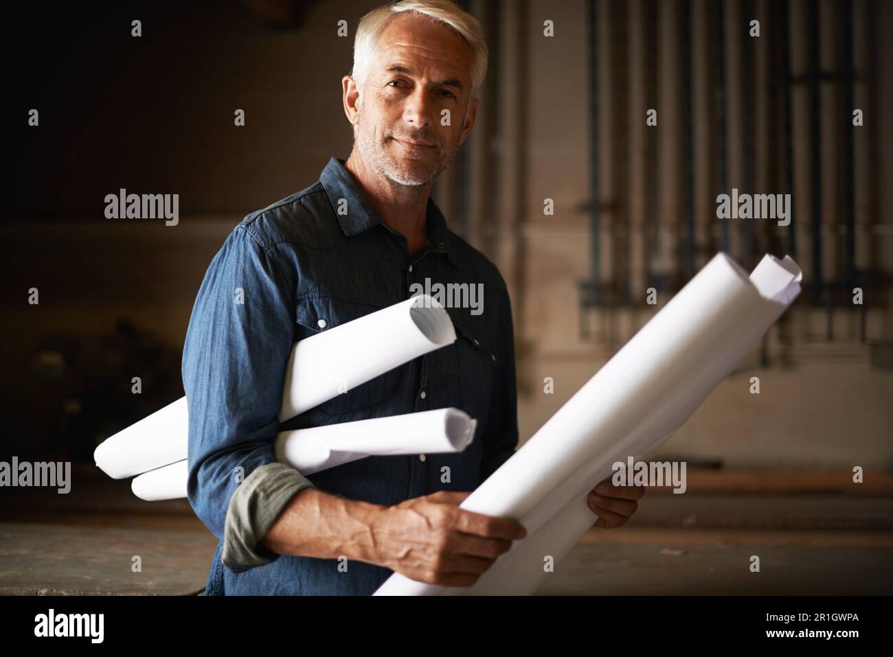 Mature architect, blueprint and man in portrait with renovation or ...