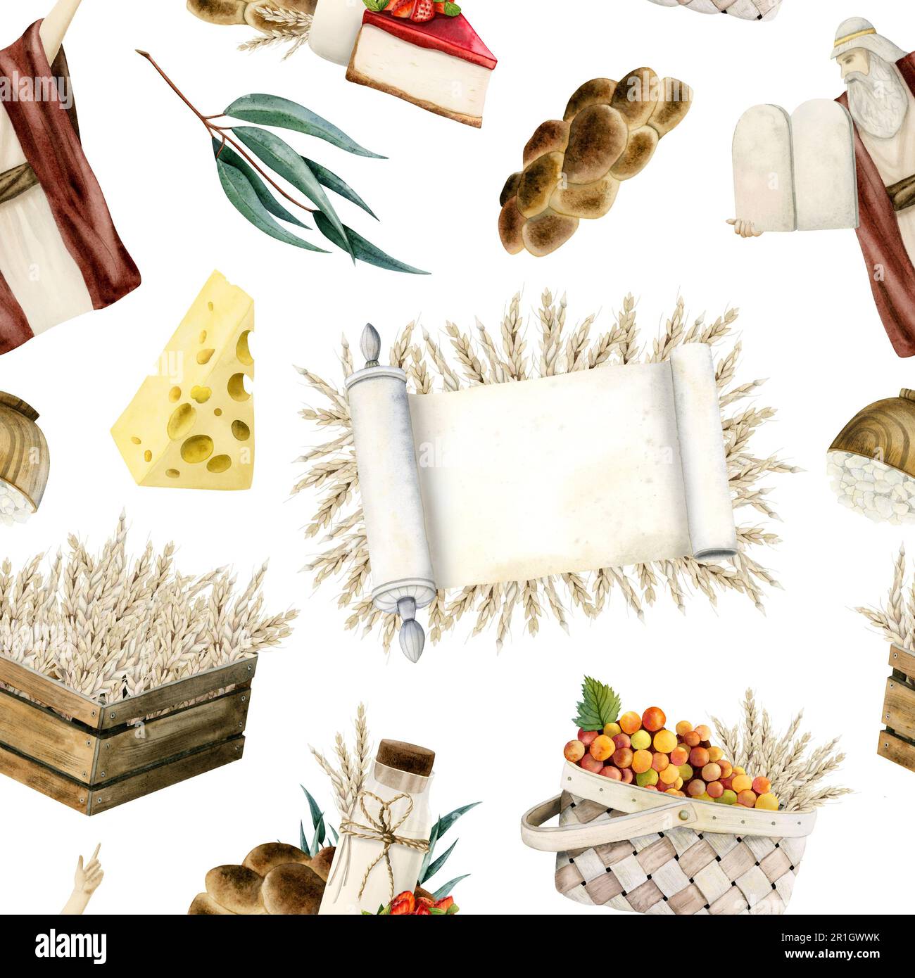 Watercolor Shavuot seamless pattern with symbols on white. Torah scroll ...