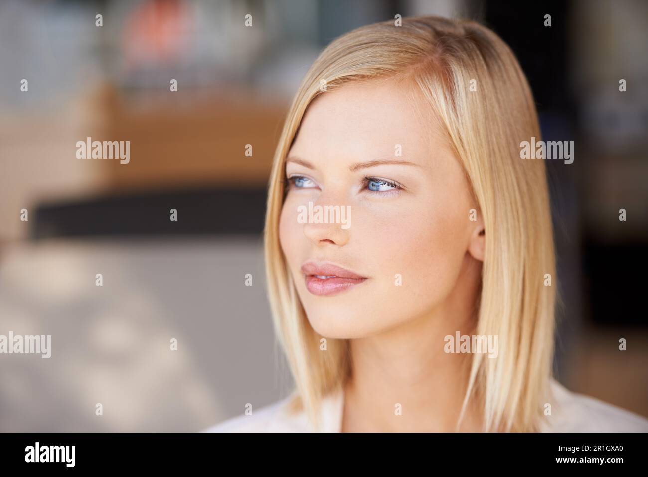 Thinking, beauty and face of a woman with mockup for natural makeup ...