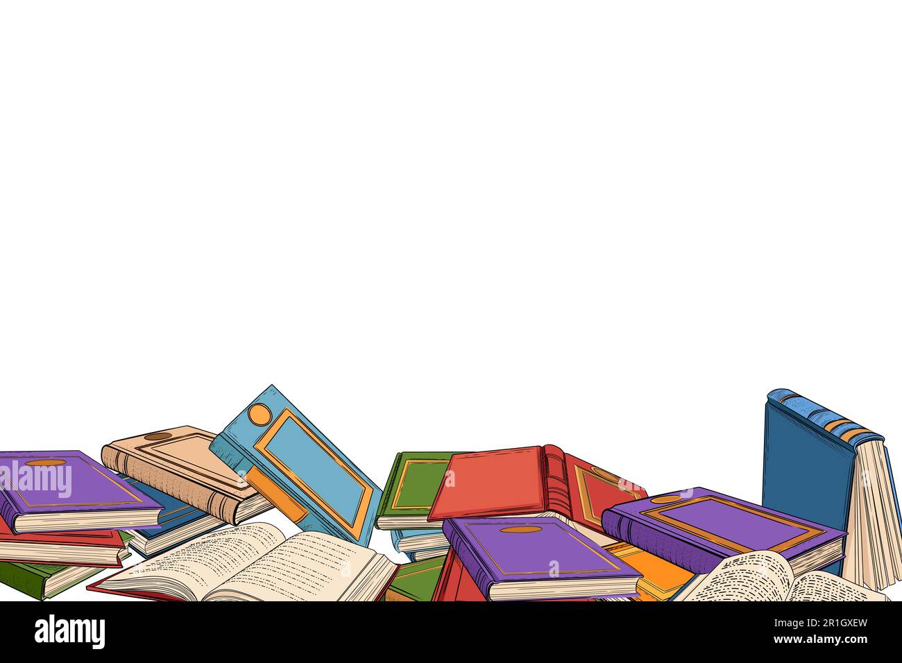 Big pile of different books with hardcover vector illustration on white ...