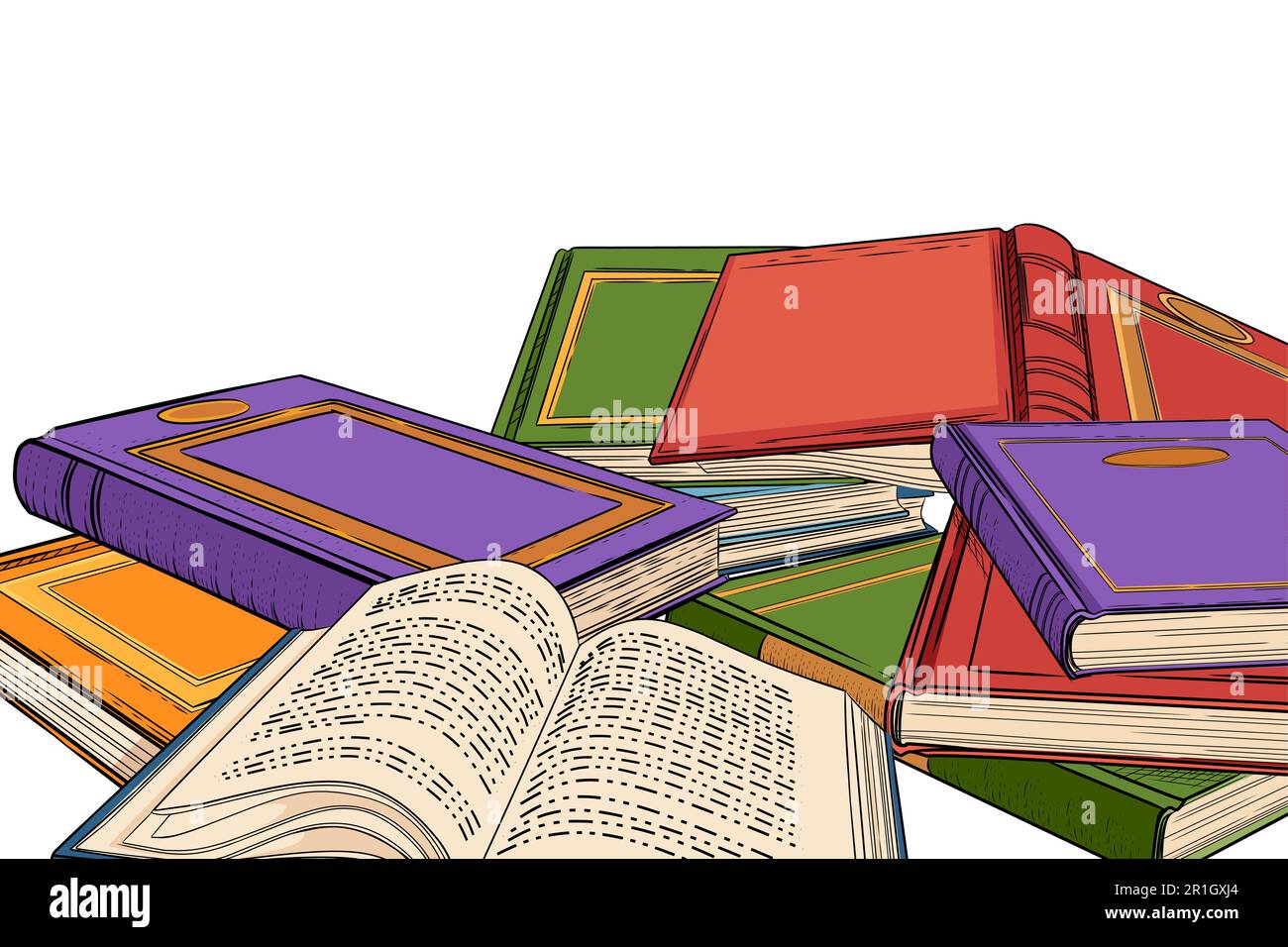 Big pile of different books with hardcover vector illustration on white ...