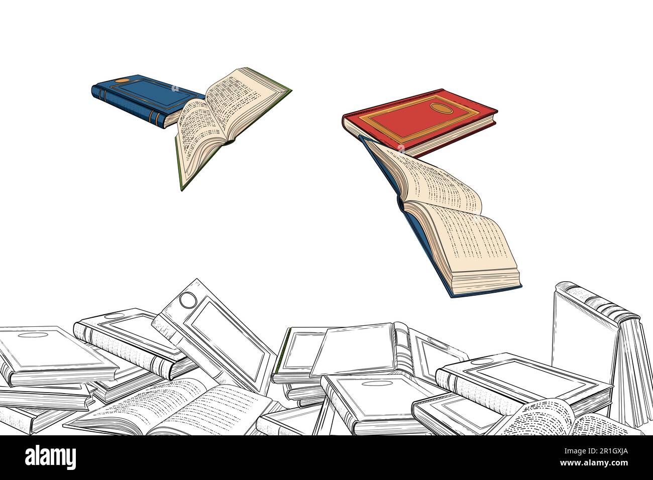 Different books falling from the top vector illustration on white ...