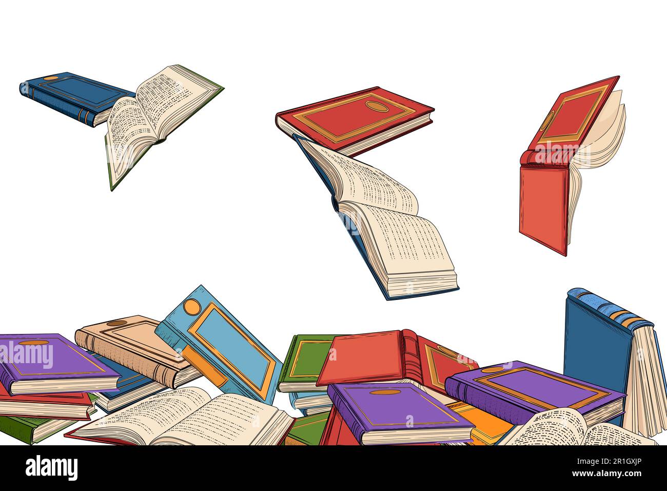 Different books falling from the top vector illustration on white ...