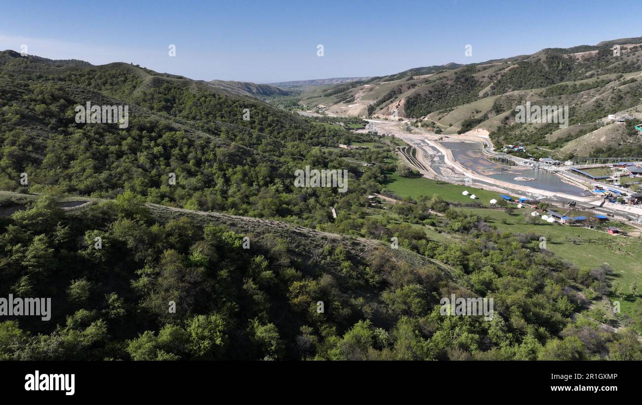 Aerial photo shows the scenery of China Fushou Mountain Scenic Area in ...