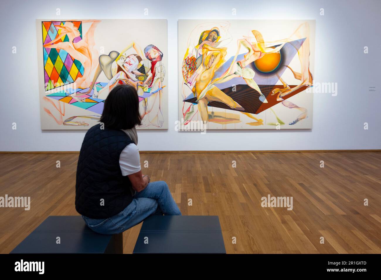 Visitor to Hamburger Bahnhof art museum look at paintings by Christina ...