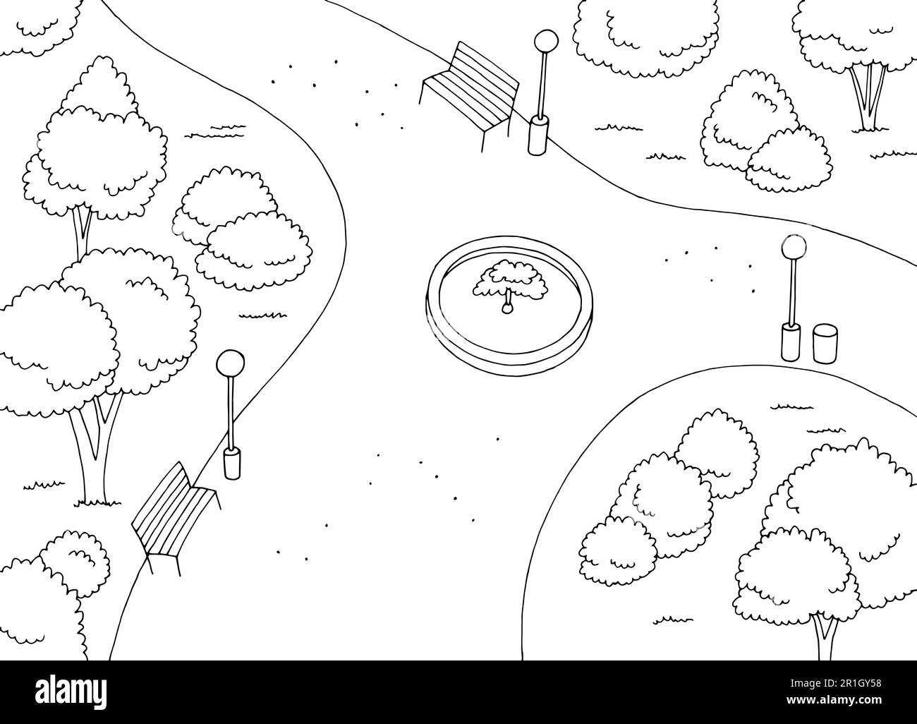Roads in the park top view graphic black white landscape sketch ...