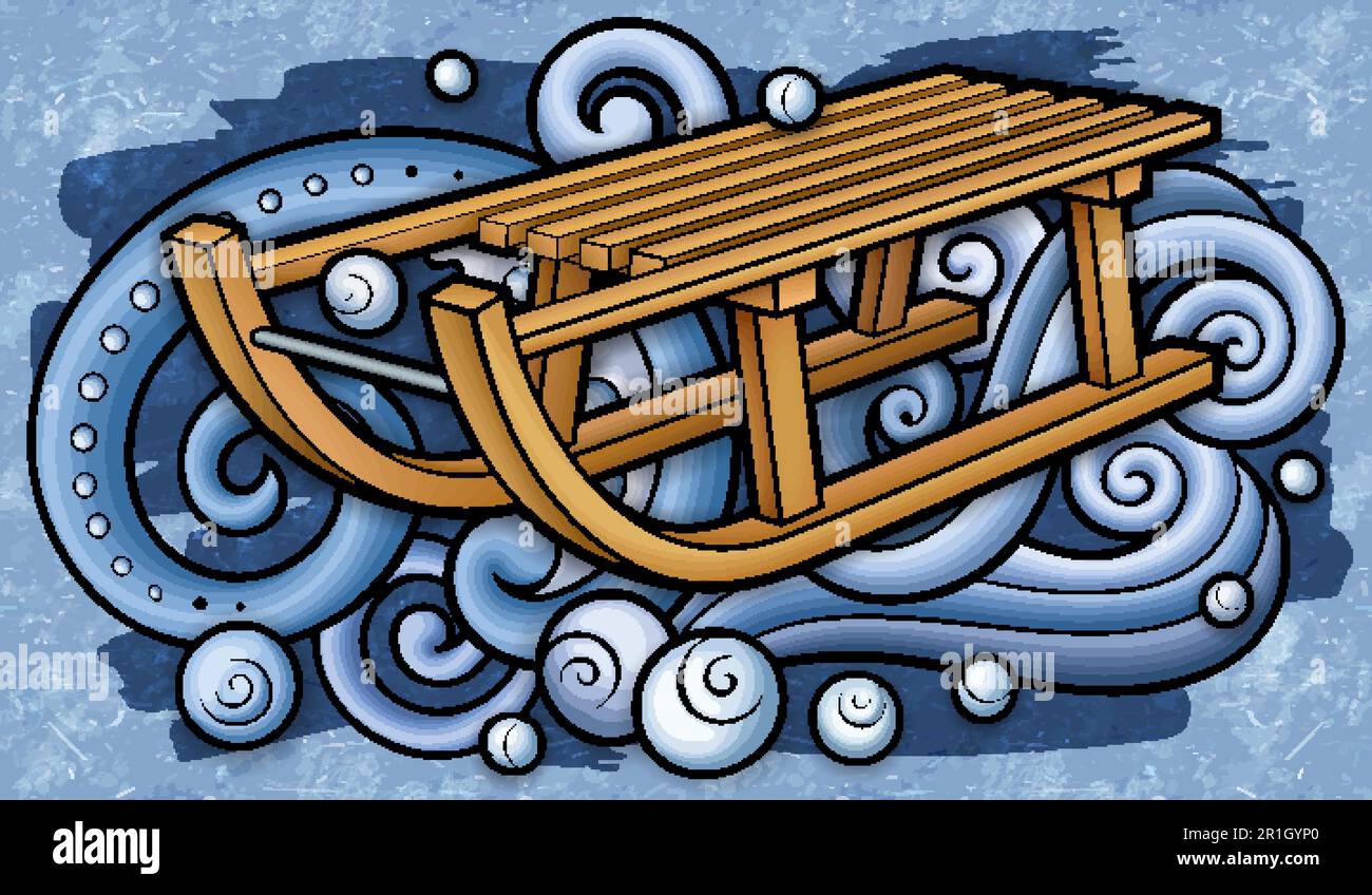 Cartoon cute doodle hand drawn sled illustration. Winter amusement ...