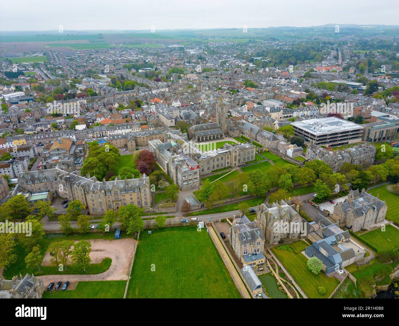 Aerial view of St Andrews University campus in St Andrews town in Fife ...