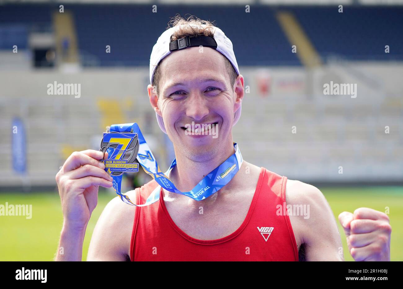 Race winner Nathan Edmondson after the 2023 Rob Burrow Leeds Marathon which started and finished ...