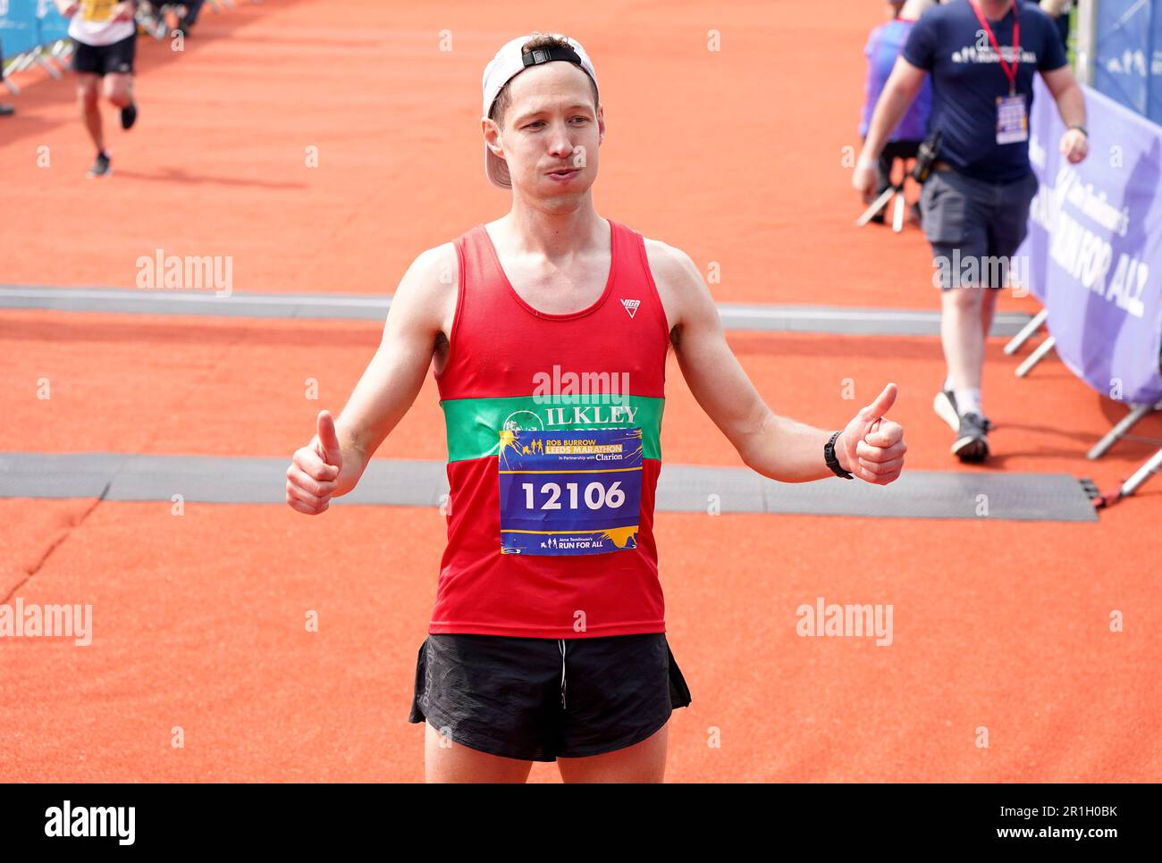 Race winner Nathan Edmondson after the 2023 Rob Burrow Leeds Marathon which started and finished ...