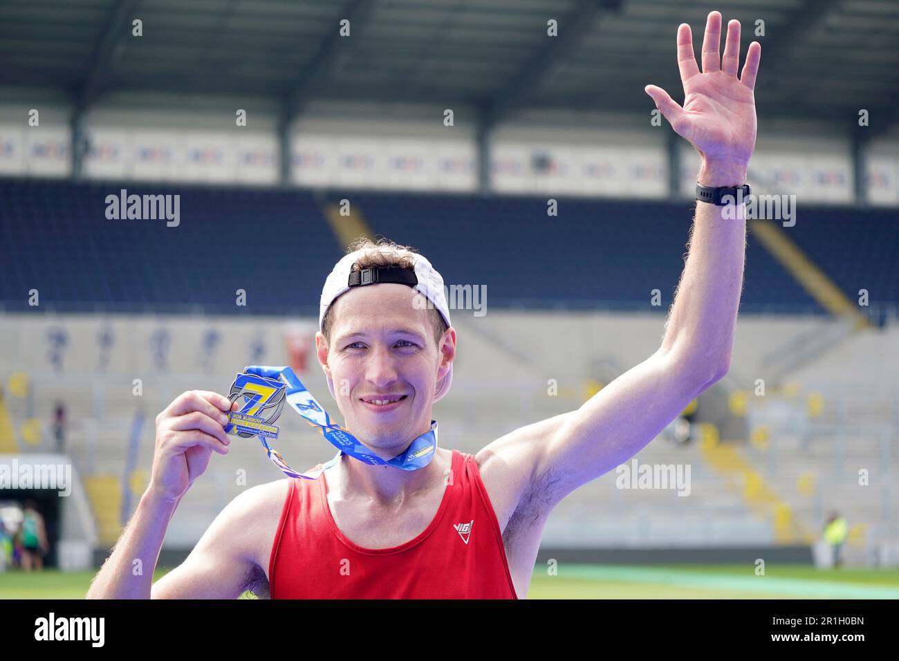 Race winner Nathan Edmondson after the 2023 Rob Burrow Leeds Marathon which started and finished ...