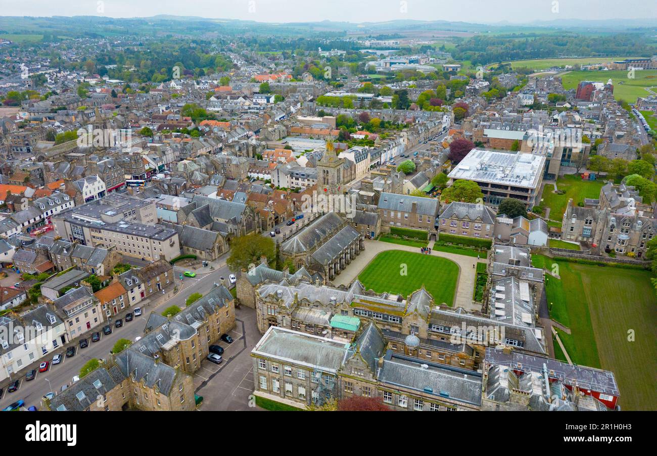 Aerial view of St Andrews University campus in St Andrews town in Fife ...