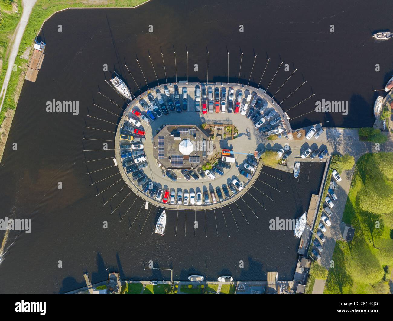 Aerial drone photo of Boat dock in the netherlands, circular shaped and ...