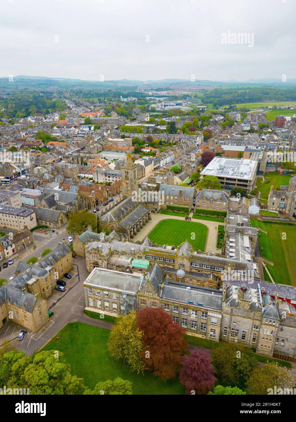 Aerial view of St Andrews University campus in St Andrews town in Fife ...